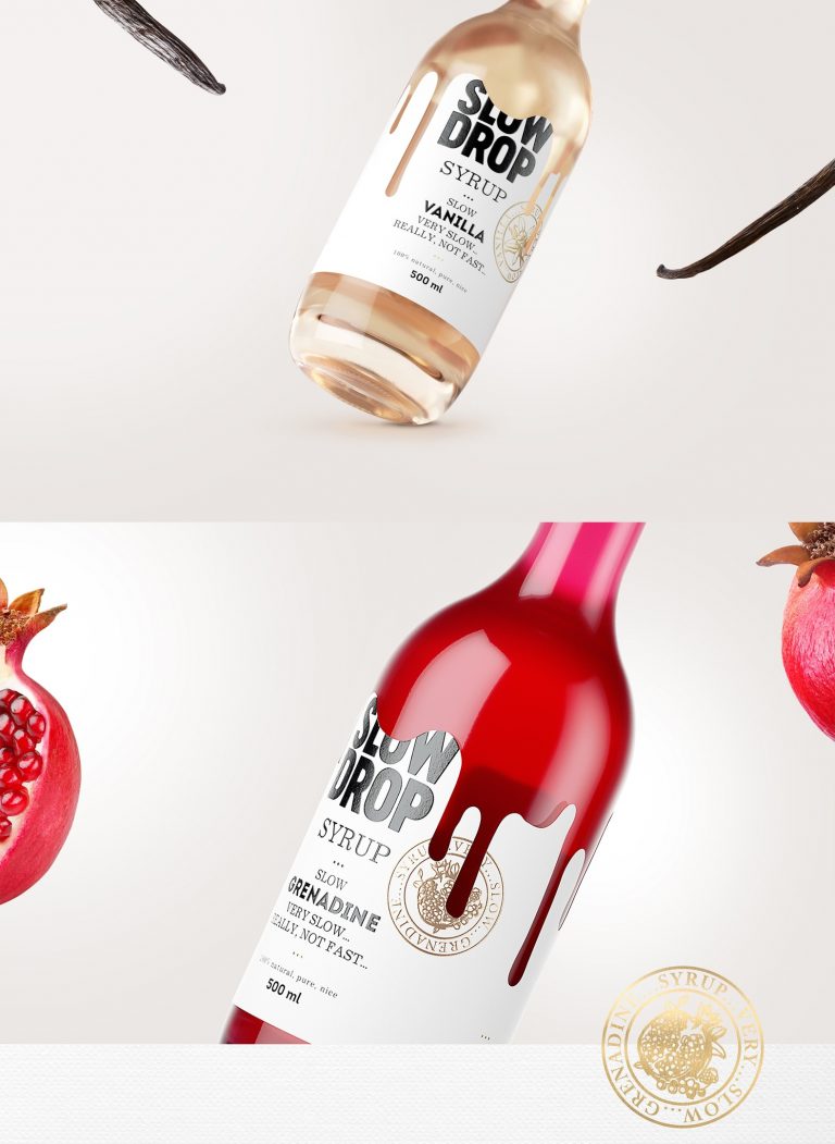 Дизайн бутылок серии сиропов для коктейлей Slow Drop — Оди. О дизайне